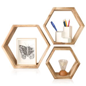 beardo decor 3-pack hexagon shelves for wall wood floating shelves honeycomb shelves for wall wooden shelves for bathroom kitchen bedroom living room floating wood shelves for home decor (light color)