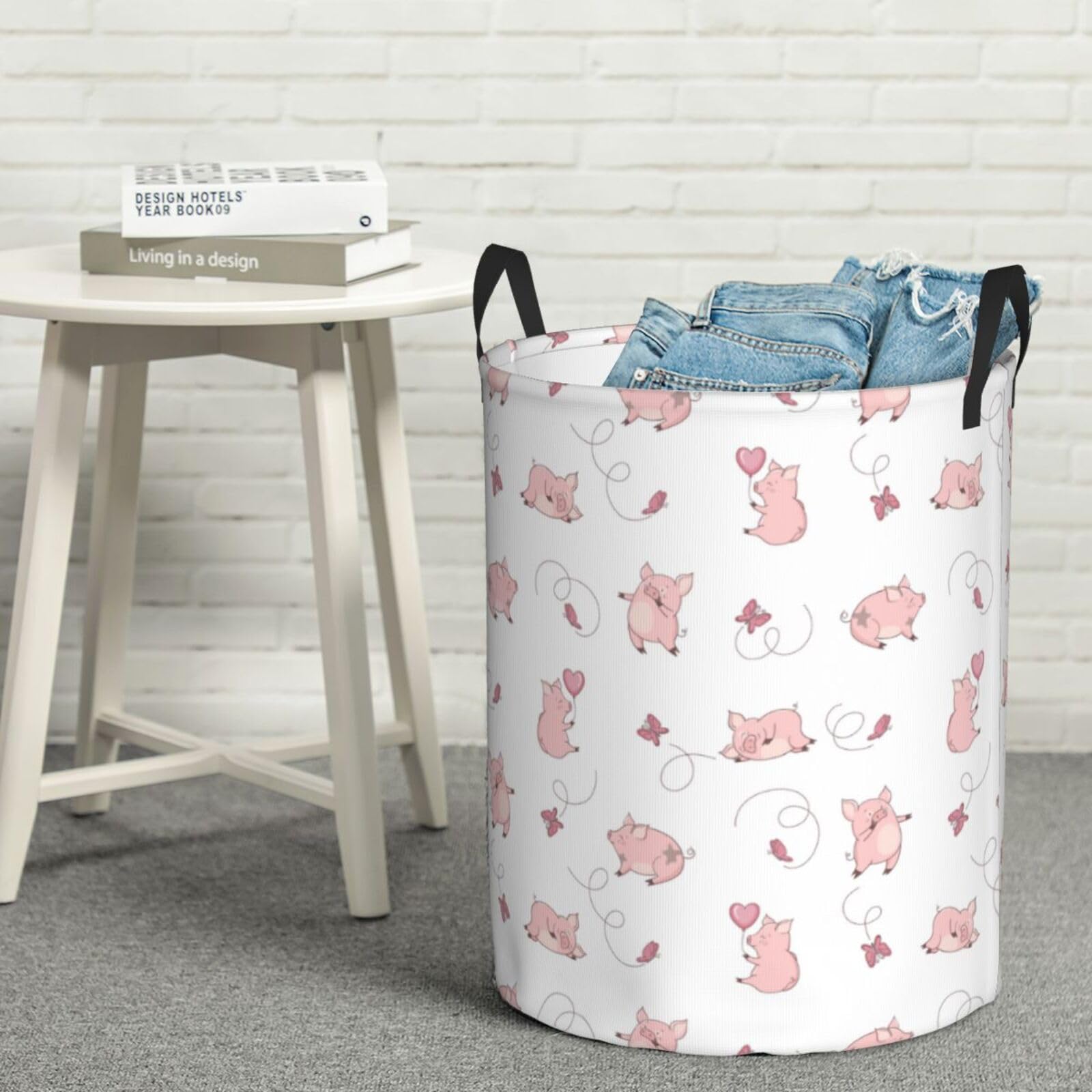 Large Laundry Basket with Handles - Butterfly Cute Pig Pink Baby Kids Dirty Clothes Laundry Hamper