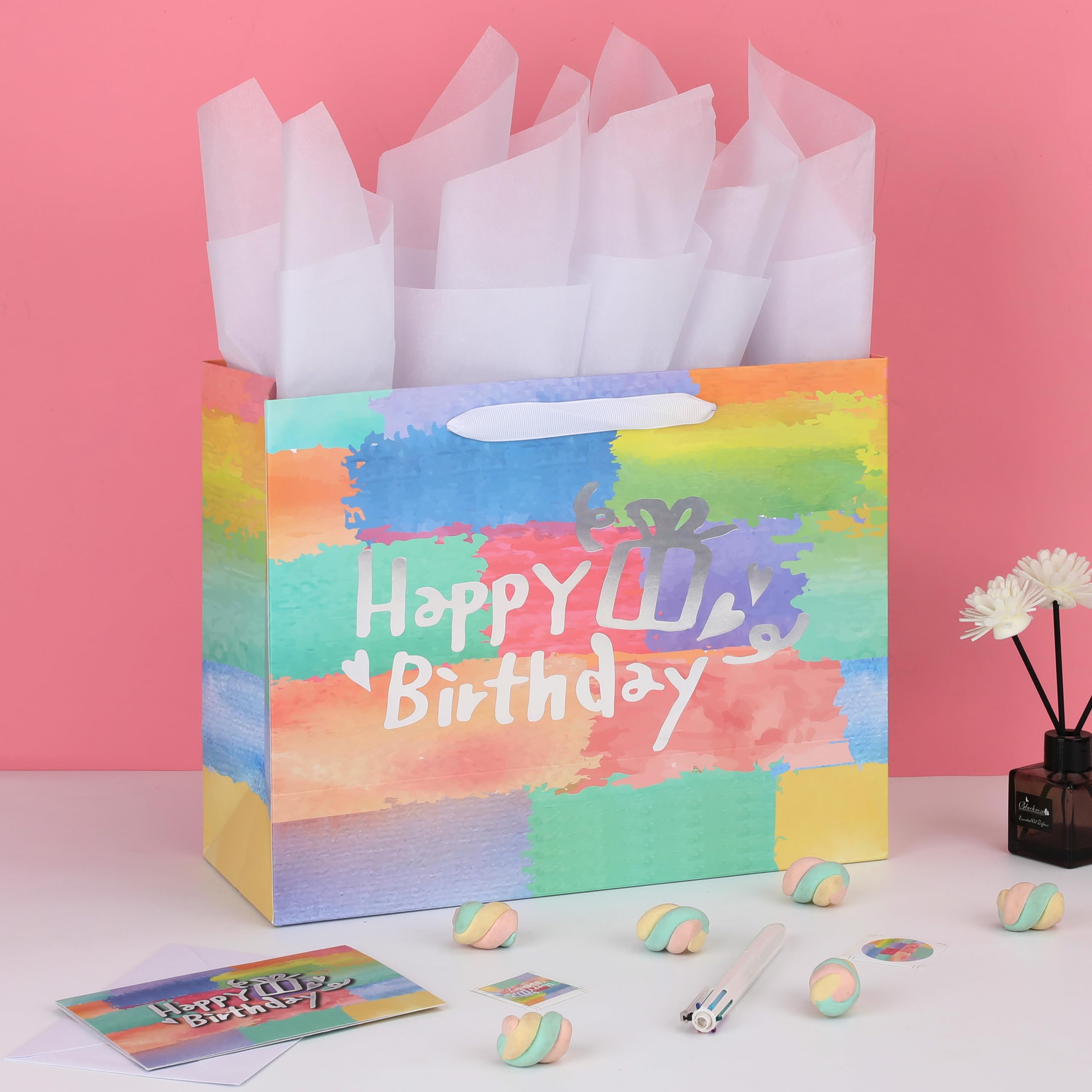 13" Large Colorful Gift Bag Set with Greeting Card and Tissue Papers (Laser Foil 'Happy Birthday’) for Women's or Men's Birthday Party, Boys', Girls', or Kids' Parties, Baby Shower - 13”x5.2”x10.2”, 1 Pcs.