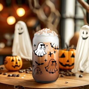 GSPY Halloween Ghost Glass Cups with Lids & Straws - Cute Spooky Iced Coffee Cup, 16 oz Middle Finger Ghost Bat Tumbler Fall Mug, Funny Halloween Gifts, Boo Basket Stuffers for Her Women Adults