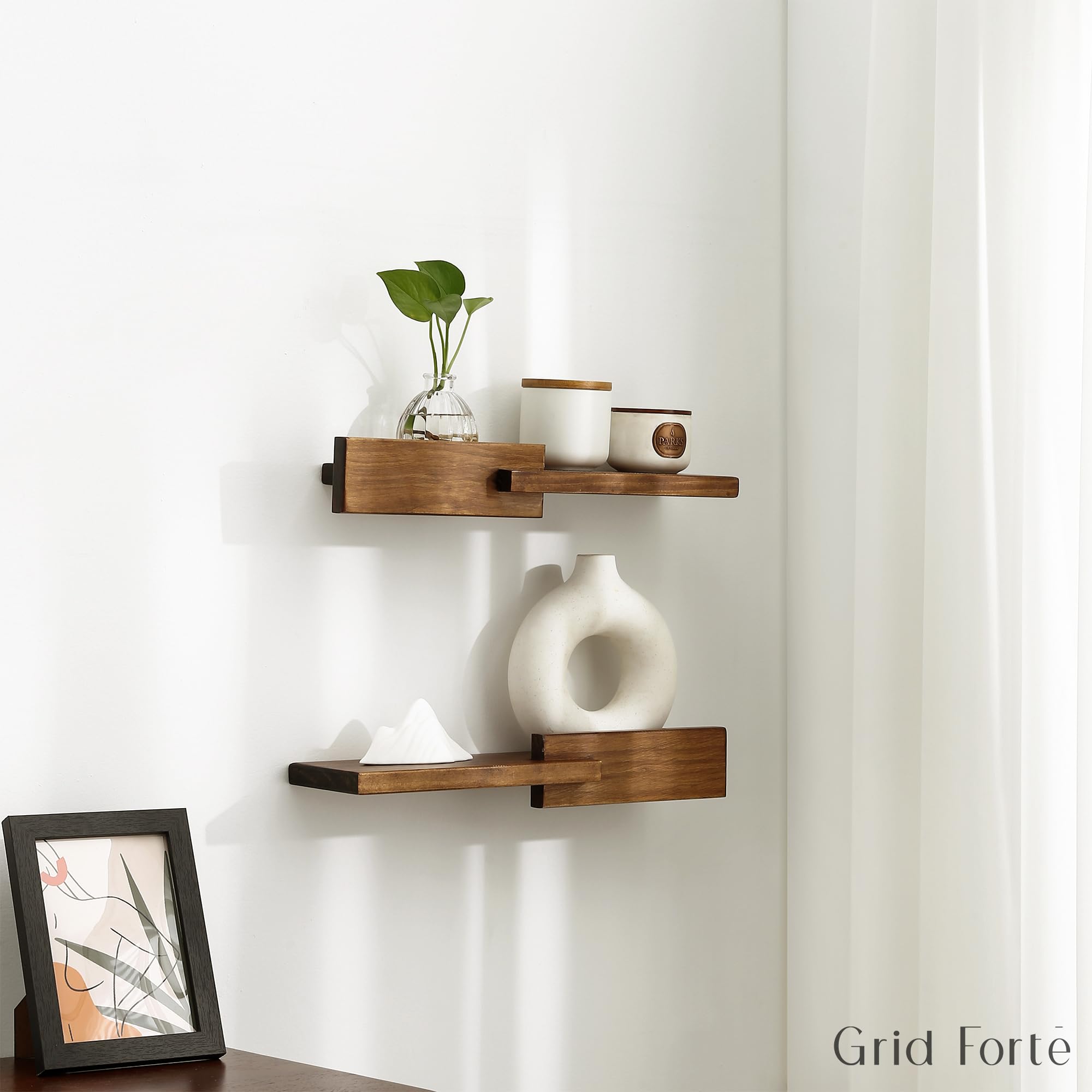 GRID FORTE Wood Floating Shelf (Set of 2), Modern Reversible Wall Shelves, Minimalism Wall Mount Hardwood Shelves, Wall Decor Shelving for Bedroom Living Room Kitchen 4.5D x 15W Inch (Walnut)