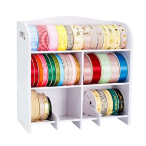 krafetto ribbon storage organizer rack, wall-mountable ribbon holder rack for craft room, desktop ribbon spool holder organizer for ribbons up to 4" in diameter