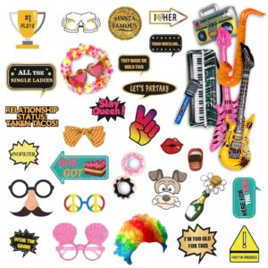 harzhi photo booth props set 70 pcs for all occasions - wedding props, birthday props, graduation props, inflatables, funny props, multi-colored wig, hawaiian lei, new years props