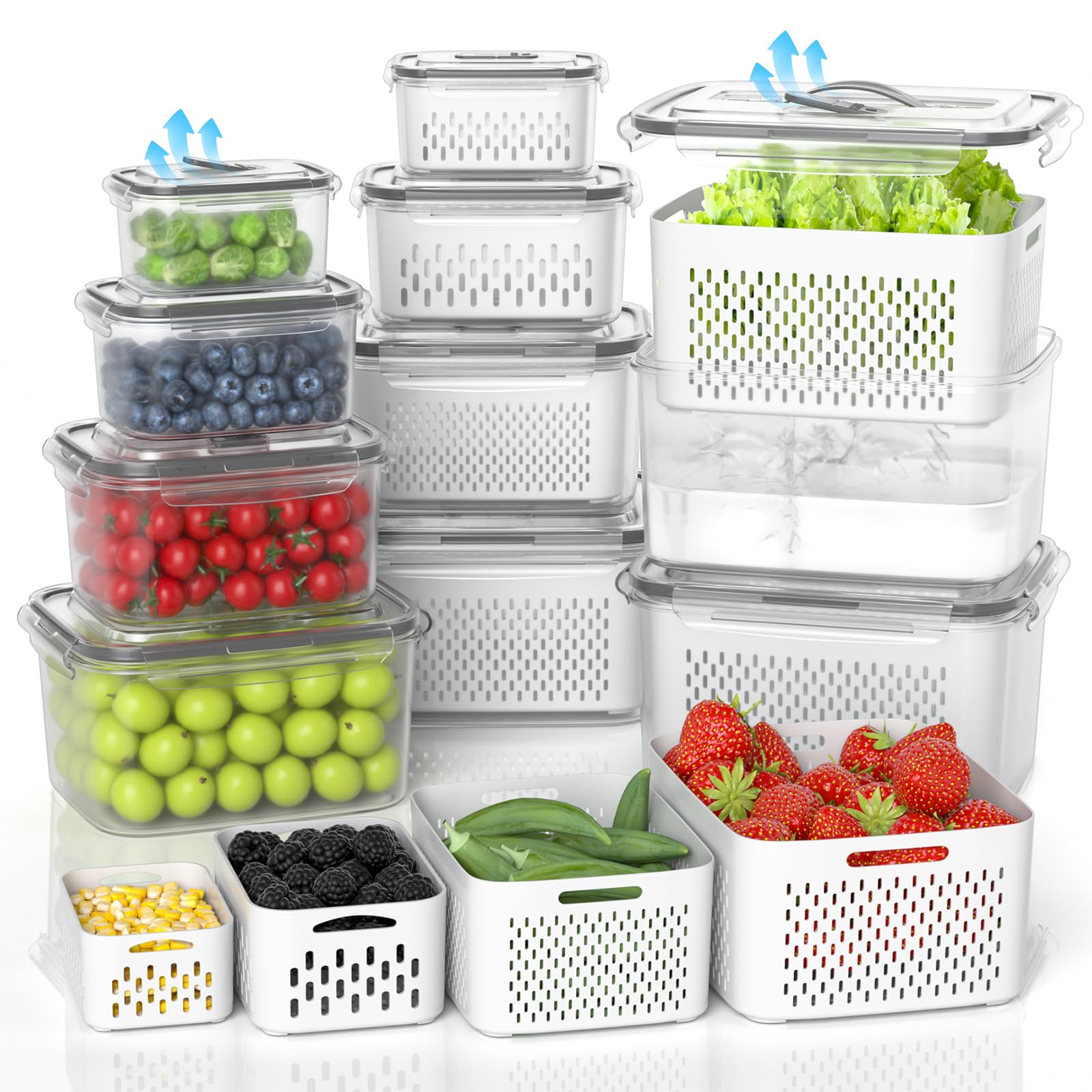 damynuo 10Pack Fruit Storage Containers for Fridge - Fridge Organizers and Storage with Vent and Handle Lids, Fruit Containers for Fridge with Colander, Refrigerator Organizers and Storage Keep Fresh