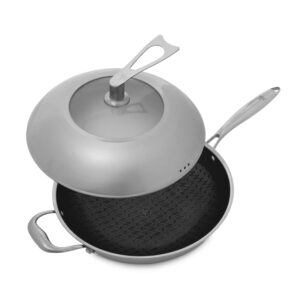 hell's kitchen hybrid 12” wok pan and lid, tri-clad stainless steel and nonstick ceramic, pfas free, no pfoa, ptfe, or teflon, non toxic cookware, metal utensil safe, all cooktops and oven safe