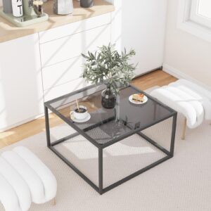 ymyny glass coffee table, tempered glass square coffee tables with metal frame, unique modern table for living room home office 26.77" x 26.77" x 15.75", black grey, uhct001h