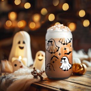 GSPY Halloween Ghost Glass Cups with Lids & Straws - Cute Spooky Iced Coffee Cup, 16 oz Middle Finger Ghost Bat Tumbler Fall Mug, Funny Halloween Gifts, Boo Basket Stuffers for Her Women Adults