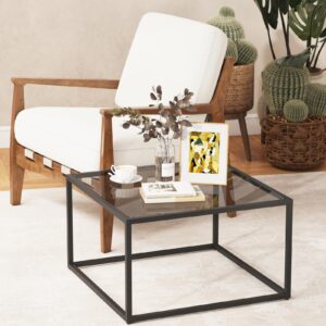 YMYNY Glass Coffee Table, Tempered Glass Square Coffee Tables with Metal Frame, Unique Modern Table for Living Room Home Office 26.77" x 26.77" x 15.75", Black Grey, UHCT001H