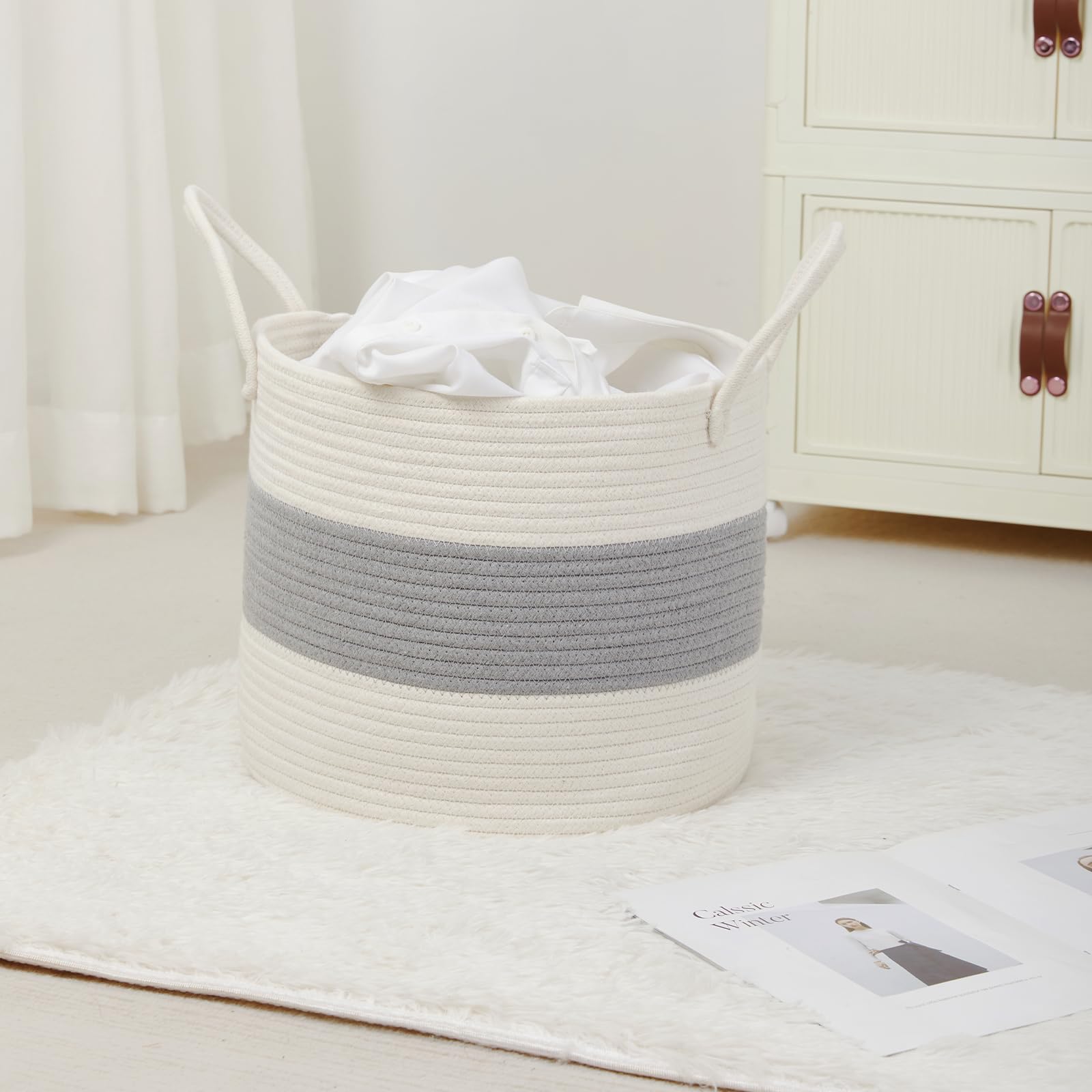 Ladkew Woven Cotton Rope Storage Basket With Handle,Laundry Basket,Blanket Basket Toy Basket Living Room For Organizing