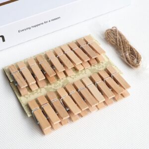 Grebest Clothespins Set Sturdy Wooden Clips 20pcs Clothespin with Hemp Rope Home Classroom Photo Picture Hanging Colorful Clip Heavy Duty Sock Towel Sheet Light Brown