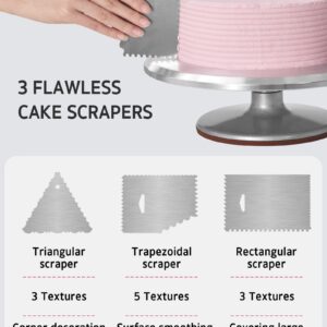 Syntus Aluminum Alloy Cake Stand, 12 Inch Cake Turntable for Decorating with Angled Silicone Icing Spatula, Cake Comb Smoother, Pie Server Cutter, Disposable Piping Bags, 27 Pieces Baking Supplies