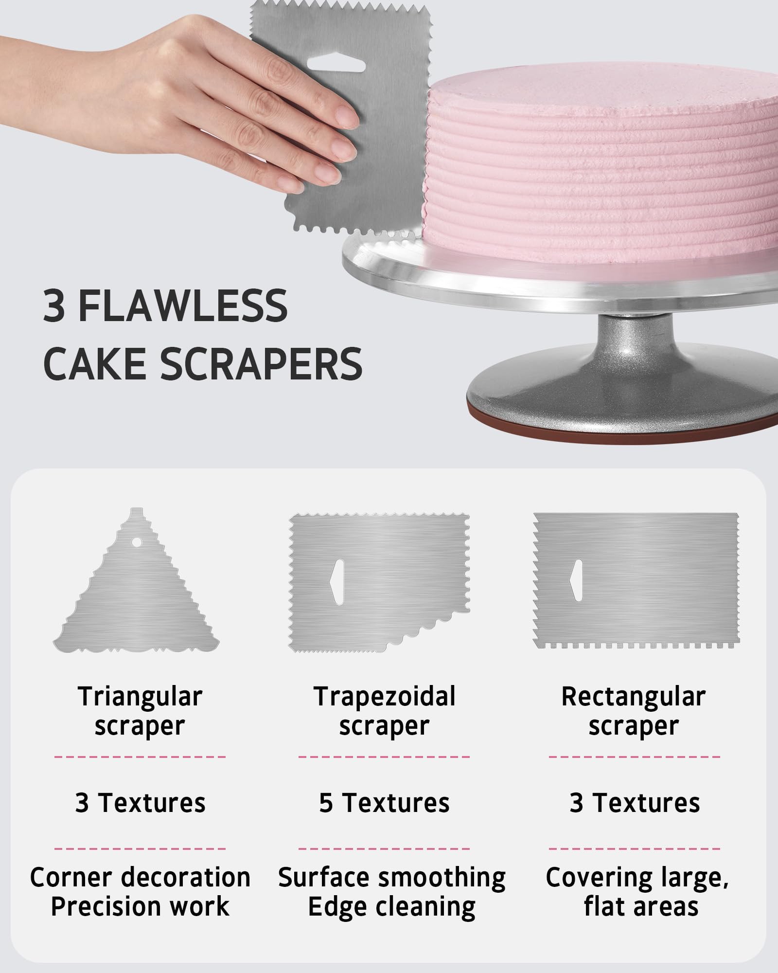 Syntus Aluminum Alloy Cake Stand, 12 Inch Cake Turntable for Decorating with Angled Silicone Icing Spatula, Cake Comb Smoother, Pie Server Cutter, Disposable Piping Bags, 27 Pieces Baking Supplies