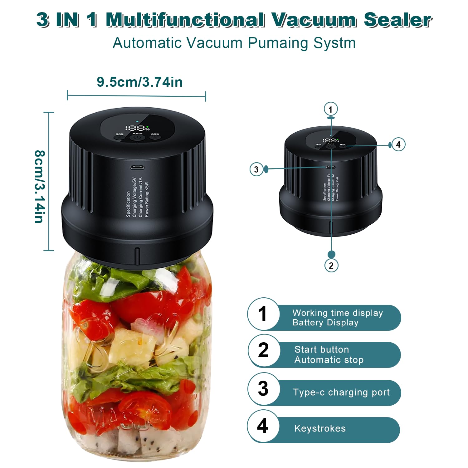 Mason jar vacuum,3 IN 1 Design Electric Mason Jar Vacuum Sealer Kit for Wide Mouth and Regular Mouth Mason Jars,Cordless Vacuum Sealing Machine with LED Display for Food Vacuum Storage