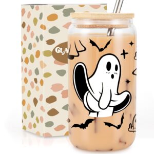 gspy halloween ghost glass cups with lids & straws - cute spooky iced coffee cup, 16 oz middle finger ghost bat tumbler fall mug, funny halloween gifts, boo basket stuffers for her women adults