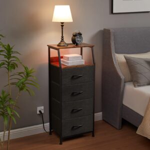 Somdot Black Nightstand with Charging Station and LED Light for Bedroom, Tall 4 Drawers Dresser with Fabric Bins for Bedside Laundry Closet Entryway Hallway, Black Rustic Brown