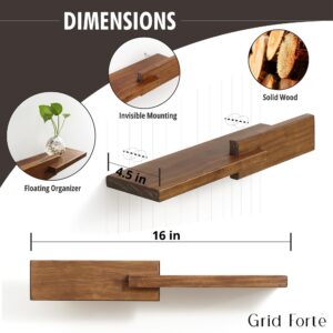 GRID FORTE Wood Floating Shelf (Set of 2), Modern Reversible Wall Shelves, Minimalism Wall Mount Hardwood Shelves, Wall Decor Shelving for Bedroom Living Room Kitchen 4.5D x 15W Inch (Walnut)