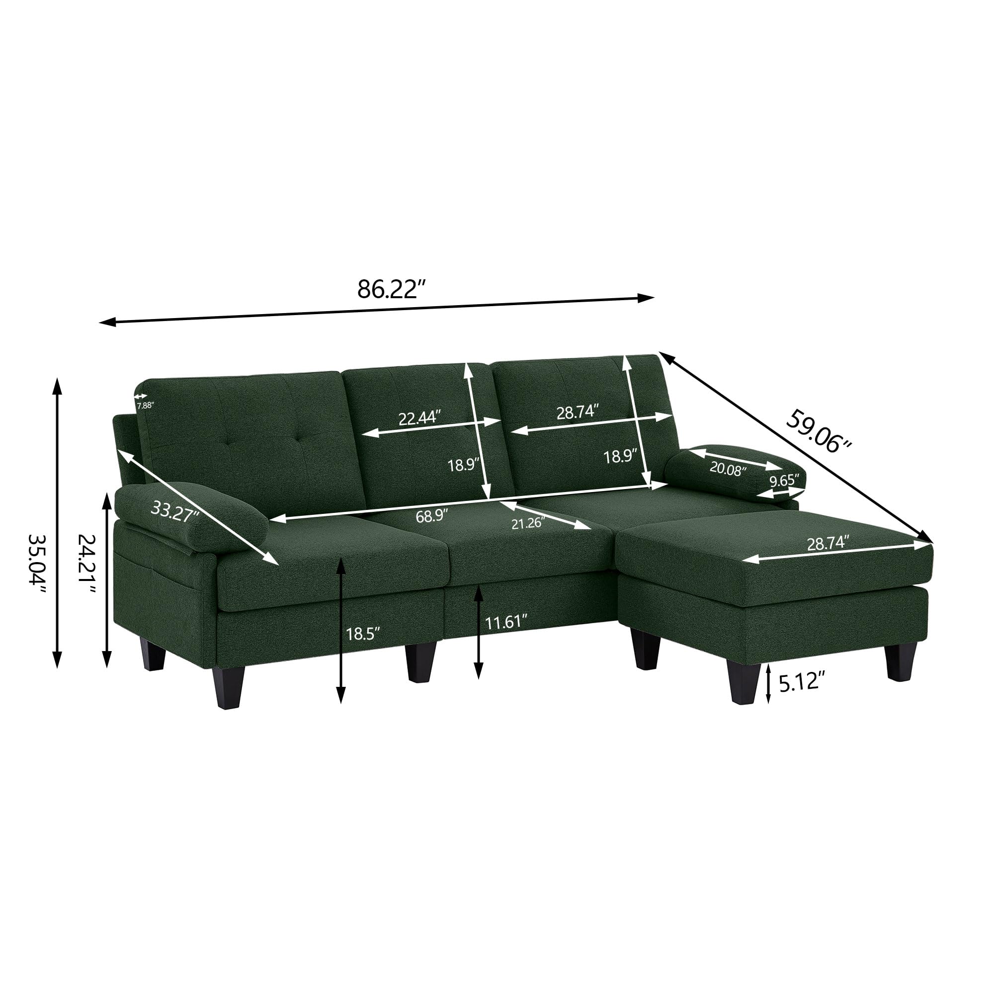 Tornama 86" Convertible Sectional Sofa Couch, Modern Linen Fabric L Shaped Couch with Reversible Chaise, Upholstered Deep Seat Cushion 3 Seater Sofa for Small Space Apartment (Green)