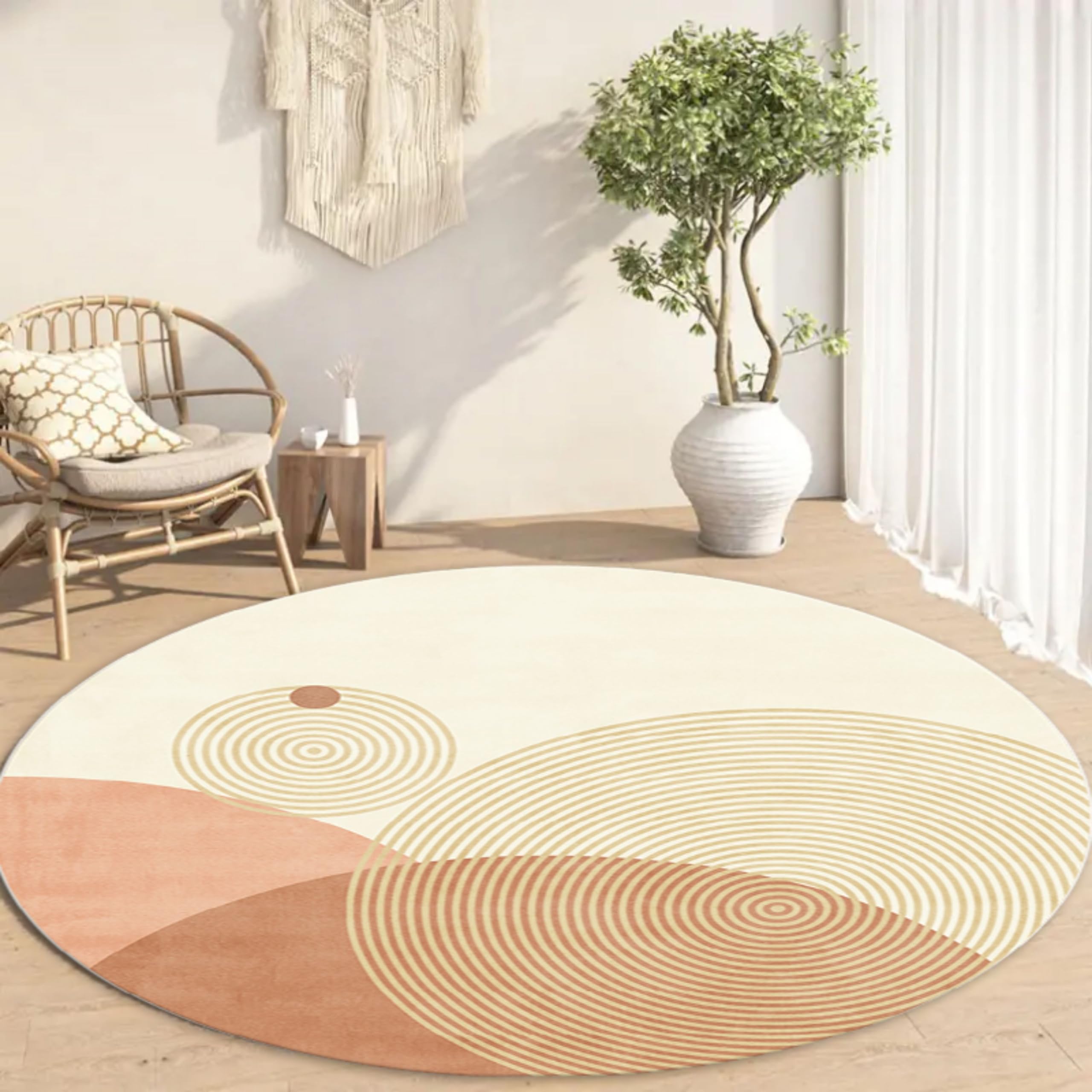 SMXVRC Boho Art Round Rug, 7ft, Abstract Geometric Mid Century Sun Circle Rug, Modern Faux Wool Circular Rug, Soft Non-Slip Washable Thin Throw Mat for Bedroom Sofa Dining Entryway Decor