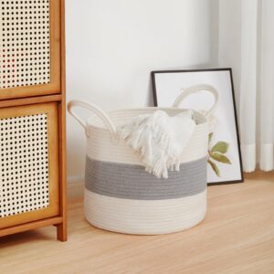 Ladkew Woven Cotton Rope Storage Basket With Handle,Laundry Basket,Blanket Basket Toy Basket Living Room For Organizing