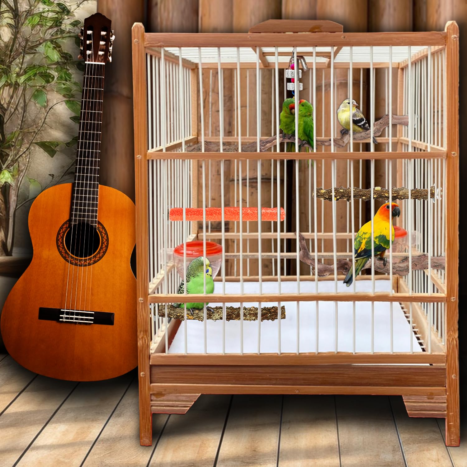 Natural Wood Bird Perch Hanging Branch for Parrot Climbing Training Perch Stand Platform Toy Cage Accessories for Small Parakeets, Cockatiels, Conures (7PCS)