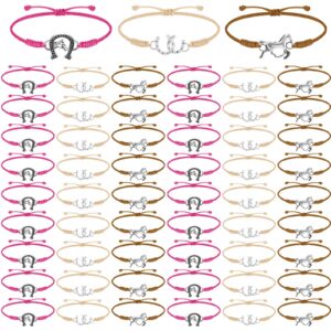 sureio 48 pcs horse rope braided bracelet gifts bulk horse goodie party favors western cowgirl cowboy adjustable wedding bridal shower bracelets for women (rose red, light brown, dark brown)