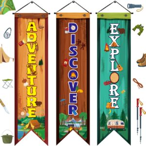 chiisong 3 pcs camping party banners camping door porch sign camping party decoration camper adventure sign welcome camping banner for camping theme birthday party classroom campsite decorations