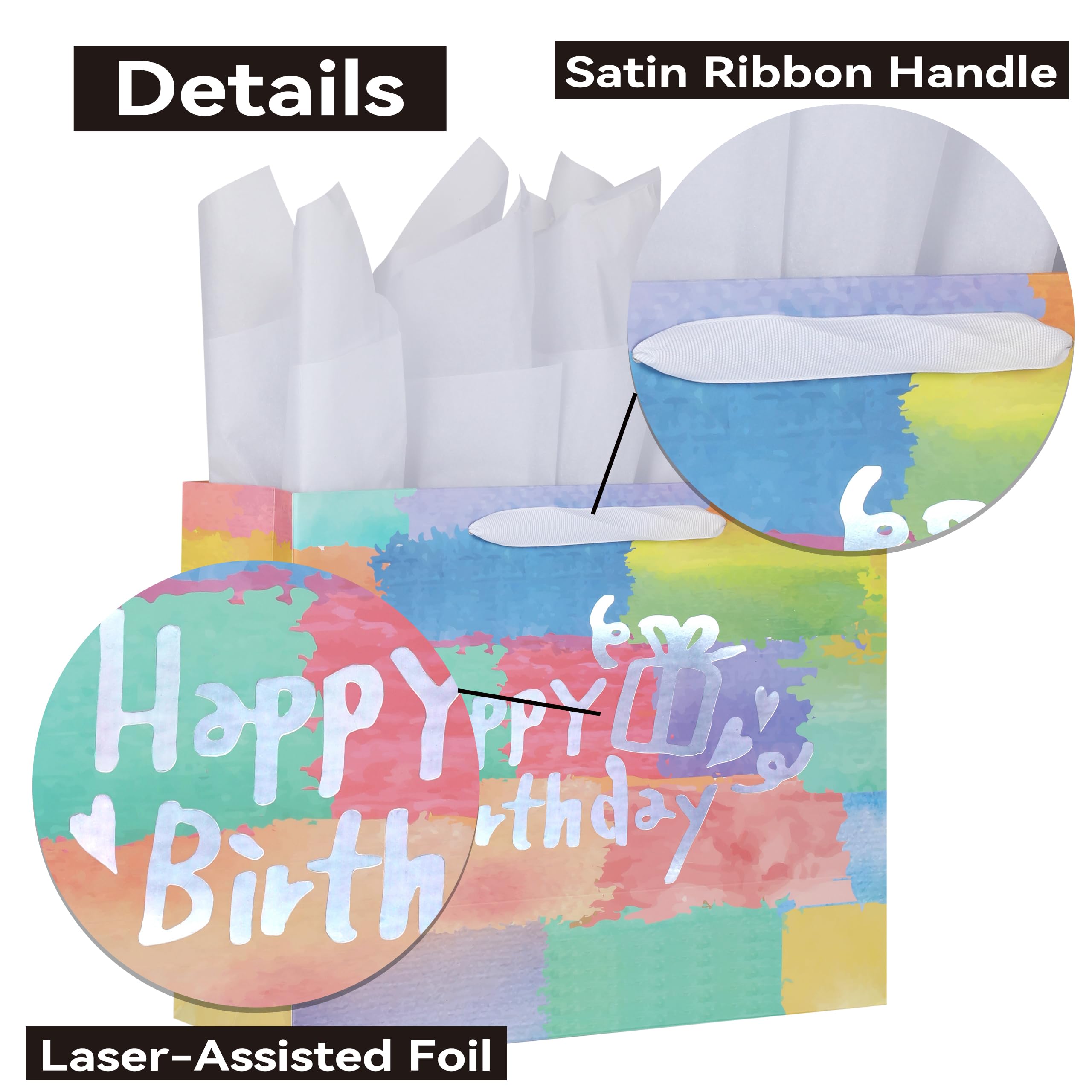 13" Large Colorful Gift Bag Set with Greeting Card and Tissue Papers (Laser Foil 'Happy Birthday’) for Women's or Men's Birthday Party, Boys', Girls', or Kids' Parties, Baby Shower - 13”x5.2”x10.2”, 1 Pcs.