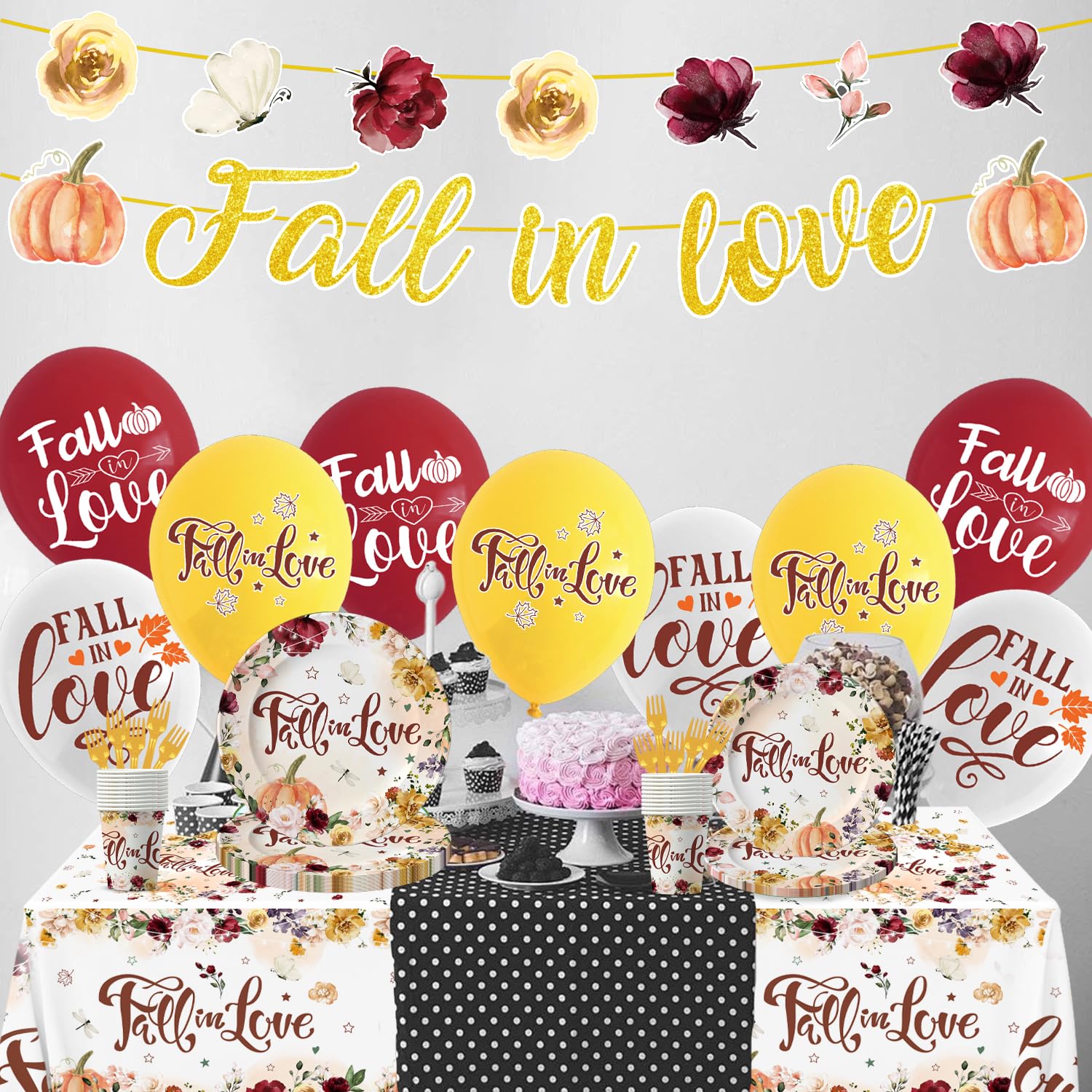 Fall in Love Bridal Shower Decorations Tableware 111pcs Romantic Theme Fall Wedding Decorations Set Include Plates,Napkins,Cups,Forks,Balloons,Waterproof Tablecloth and Banner for 20 Guests