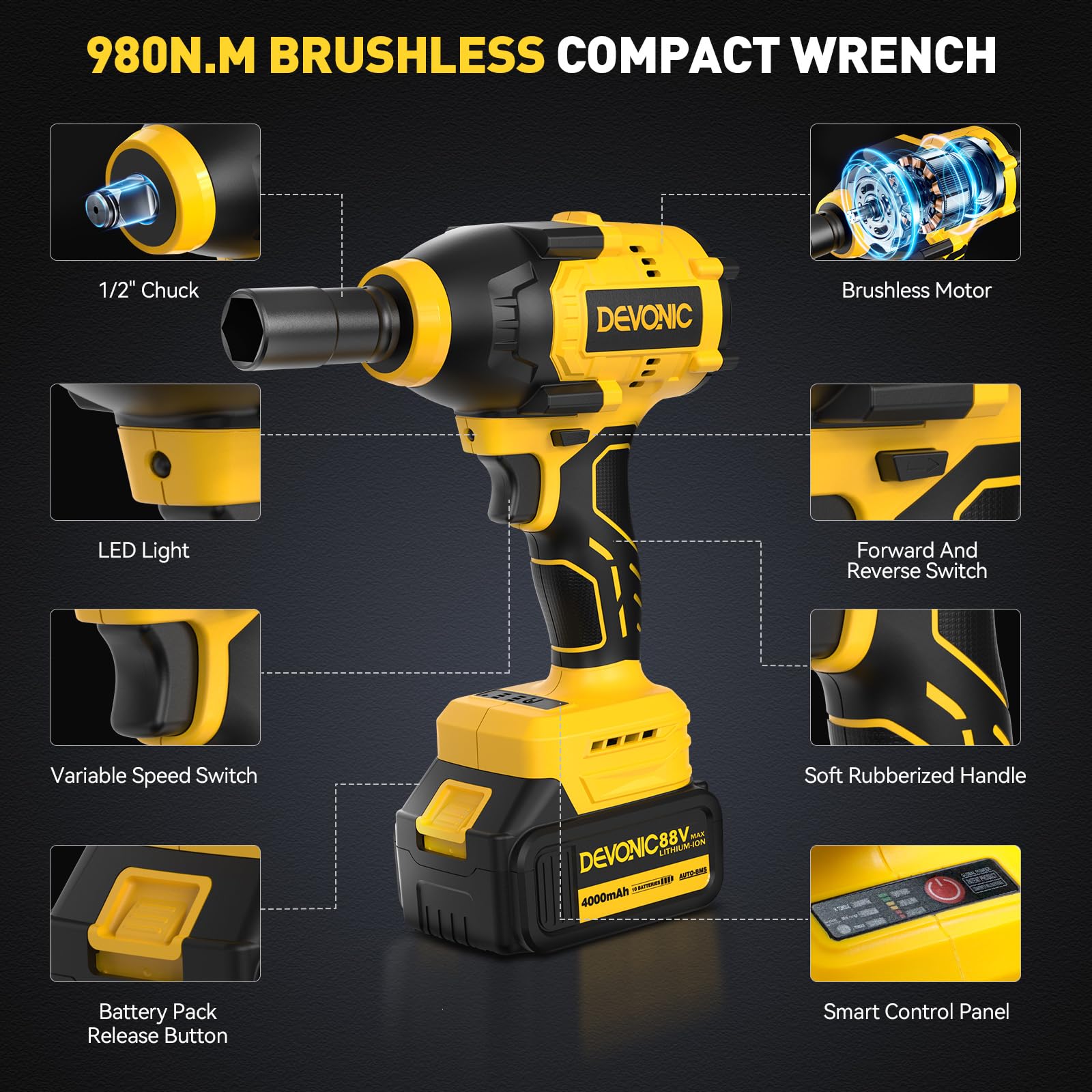 XGOLD DEVONIC Cordless Impact Wrench,750Ft-lb(980N.m) Brushless Impact Gun,2900RPM High Torque Impact Wrench,1/2 Inch with 3 Models,Charger & 6 Sockets, Power Impact Driver for Car Home