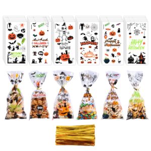 toeksix halloween cellophane treat bags, 180pcs halloween trick or treat goodie bags with 200pcs gold twists for snacks cookies candies packing, skeleton man halloween candy bags party favor supplies