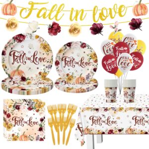 fall in love bridal shower decorations tableware 111pcs romantic theme fall wedding decorations set include plates,napkins,cups,forks,balloons,waterproof tablecloth and banner for 20 guests