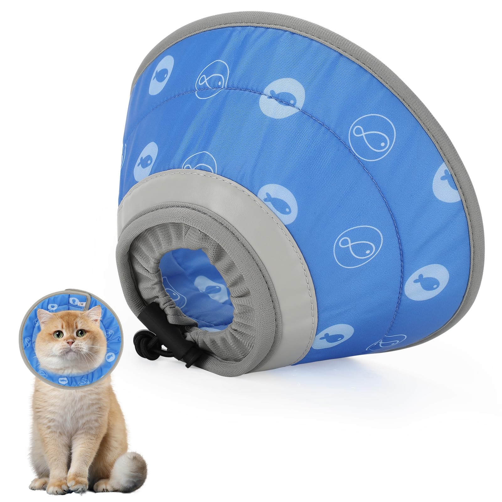 IDOGCHEW Cat Cone Collar Soft, Cat Cones to Stop Licking, Adjustable Cat Cone Water Resistant, Foldable, Adjustable, Lightweight (Blue Fish, Small)