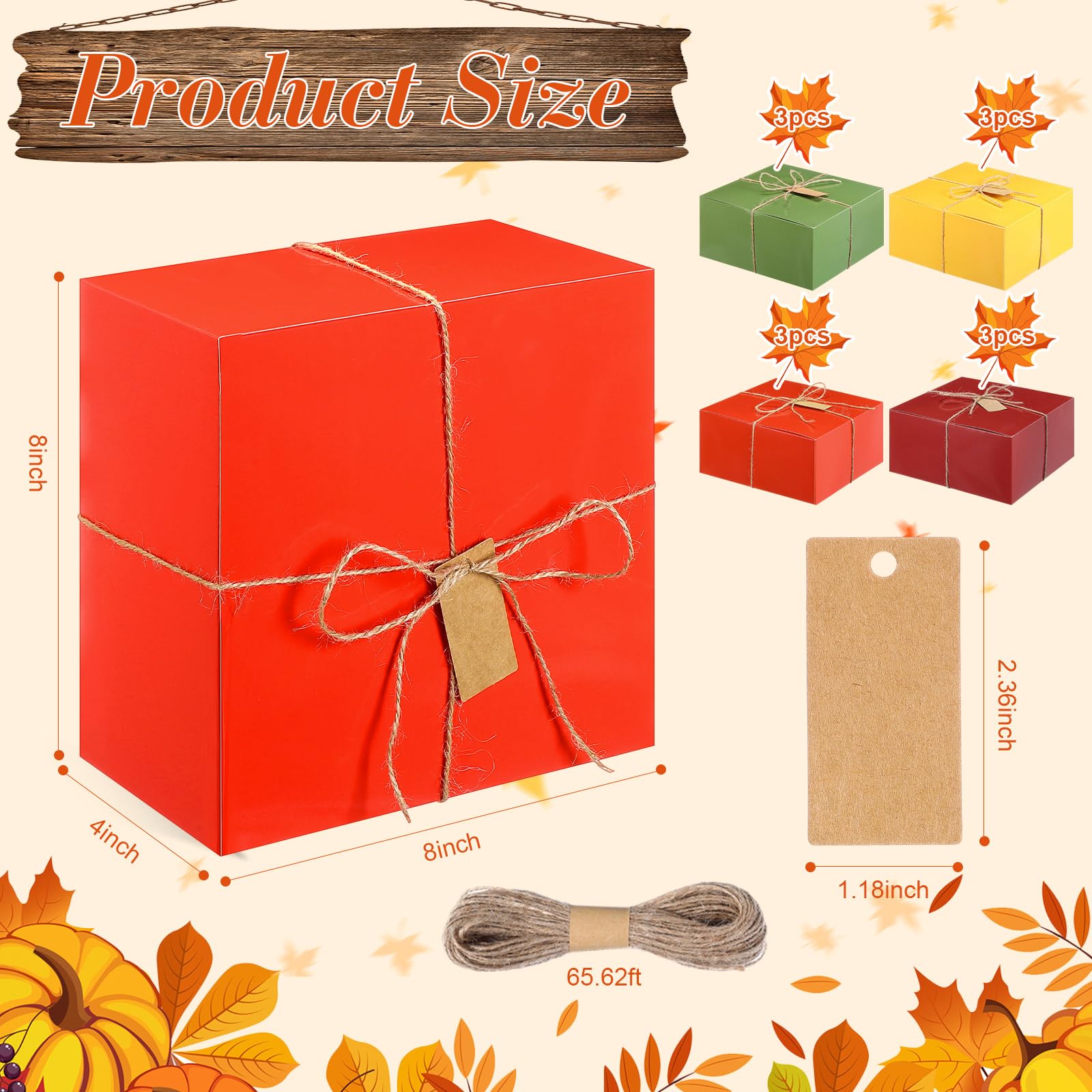 Lincia 12 Set 8'' x 8''x 4'' Fall Gift Boxes Thanksgiving Square Cardboard Box with Lid Bulk Bridesmaid Proposal Gift Box with Jute Rope and Tag for Women Gift Wrapping