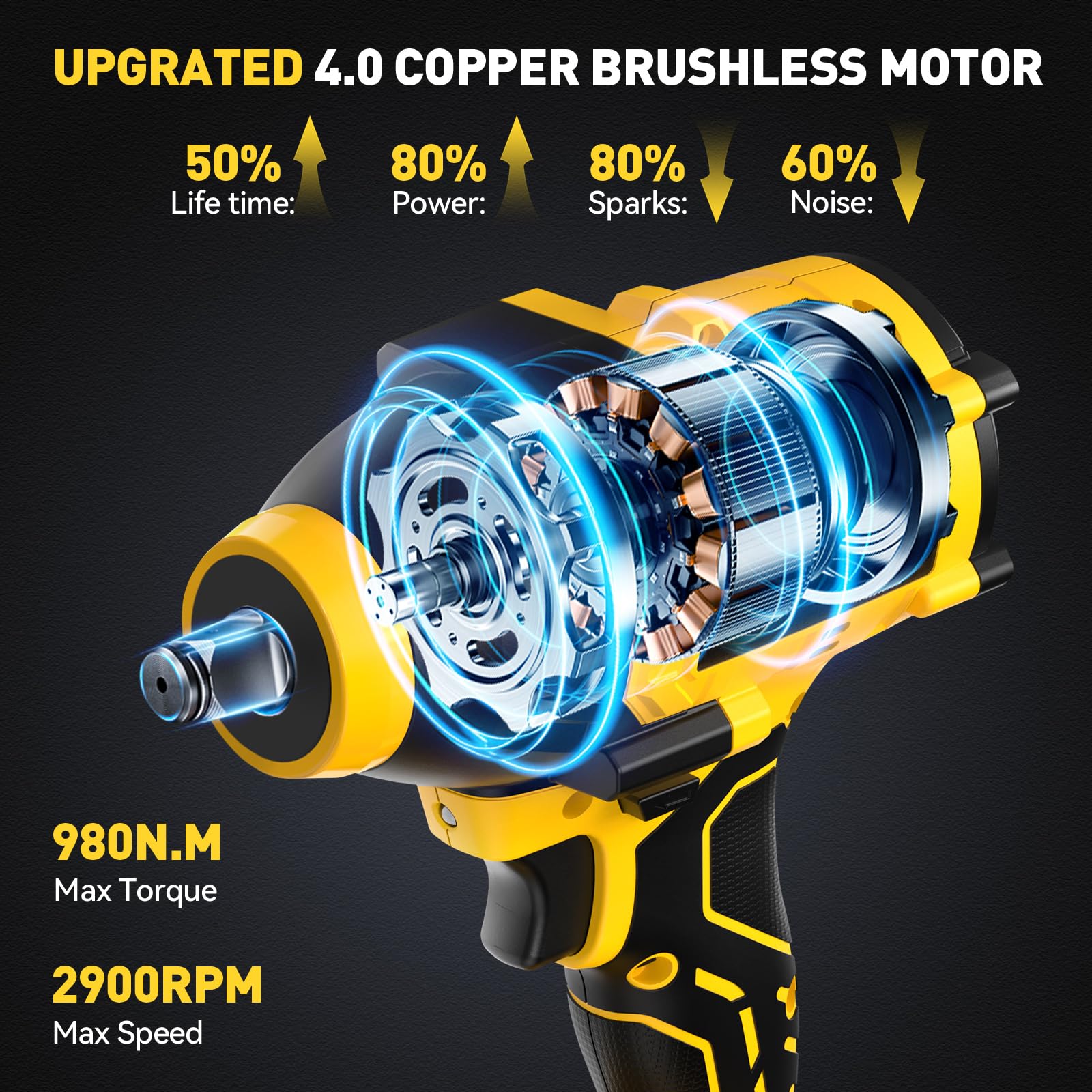 XGOLD DEVONIC Cordless Impact Wrench,750Ft-lb(980N.m) Brushless Impact Gun,2900RPM High Torque Impact Wrench,1/2 Inch with 3 Models,Charger & 6 Sockets, Power Impact Driver for Car Home