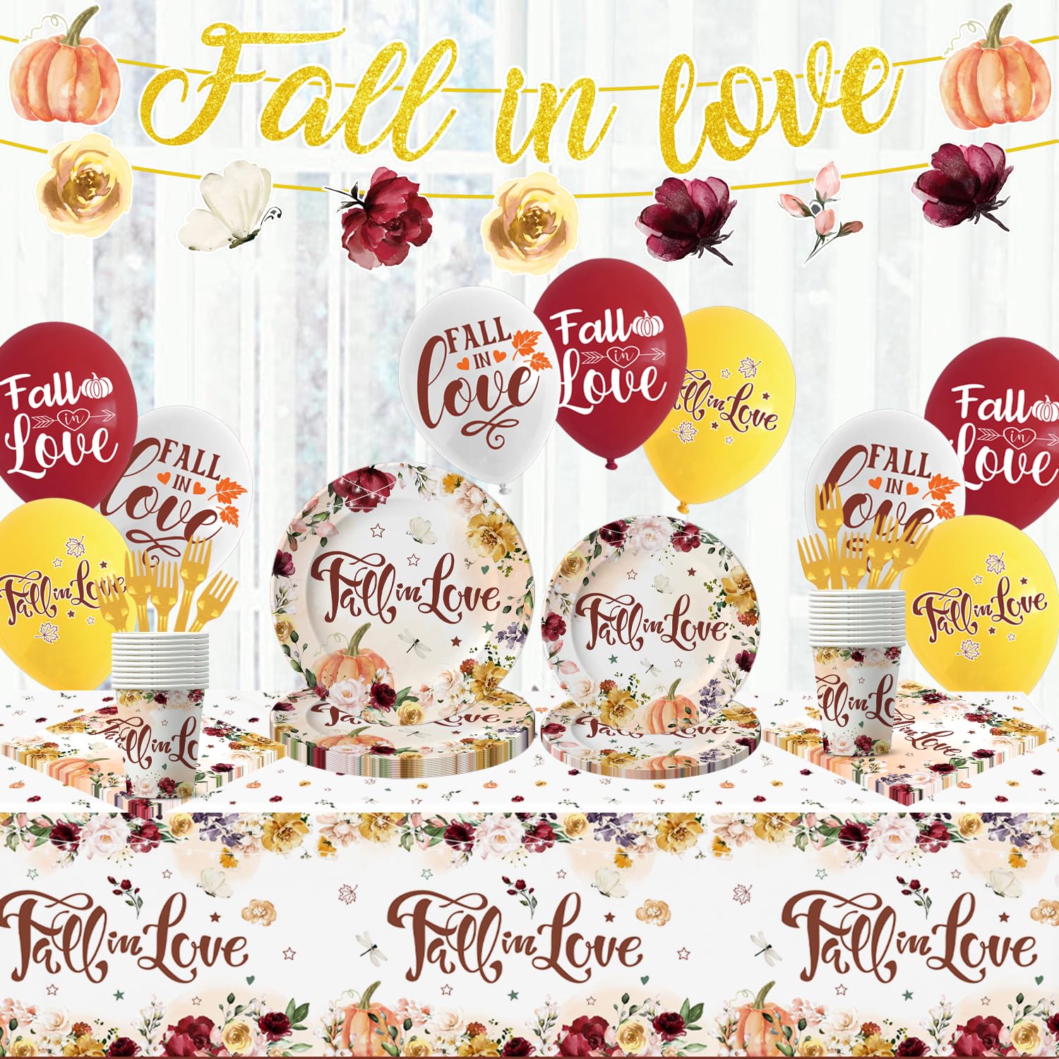 Fall in Love Bridal Shower Decorations Tableware 111pcs Romantic Theme Fall Wedding Decorations Set Include Plates,Napkins,Cups,Forks,Balloons,Waterproof Tablecloth and Banner for 20 Guests