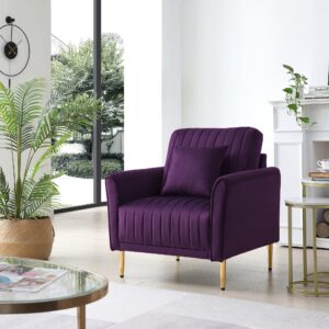 williamspace 31.5" velvet single sofa chair, modern upholstered armchair with 1 toss pillow & gold legs, small luxury couch chair for living room, reading sofa for bedroom apartment, velvet (purple)