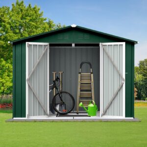 jintop 6x8 ft outdoor storage shed with punched vents and hinged door/padlock,metal aluminum garden sheds w/waterproof roofs,easy to assemble,for bike, barbeque,tool,green+white