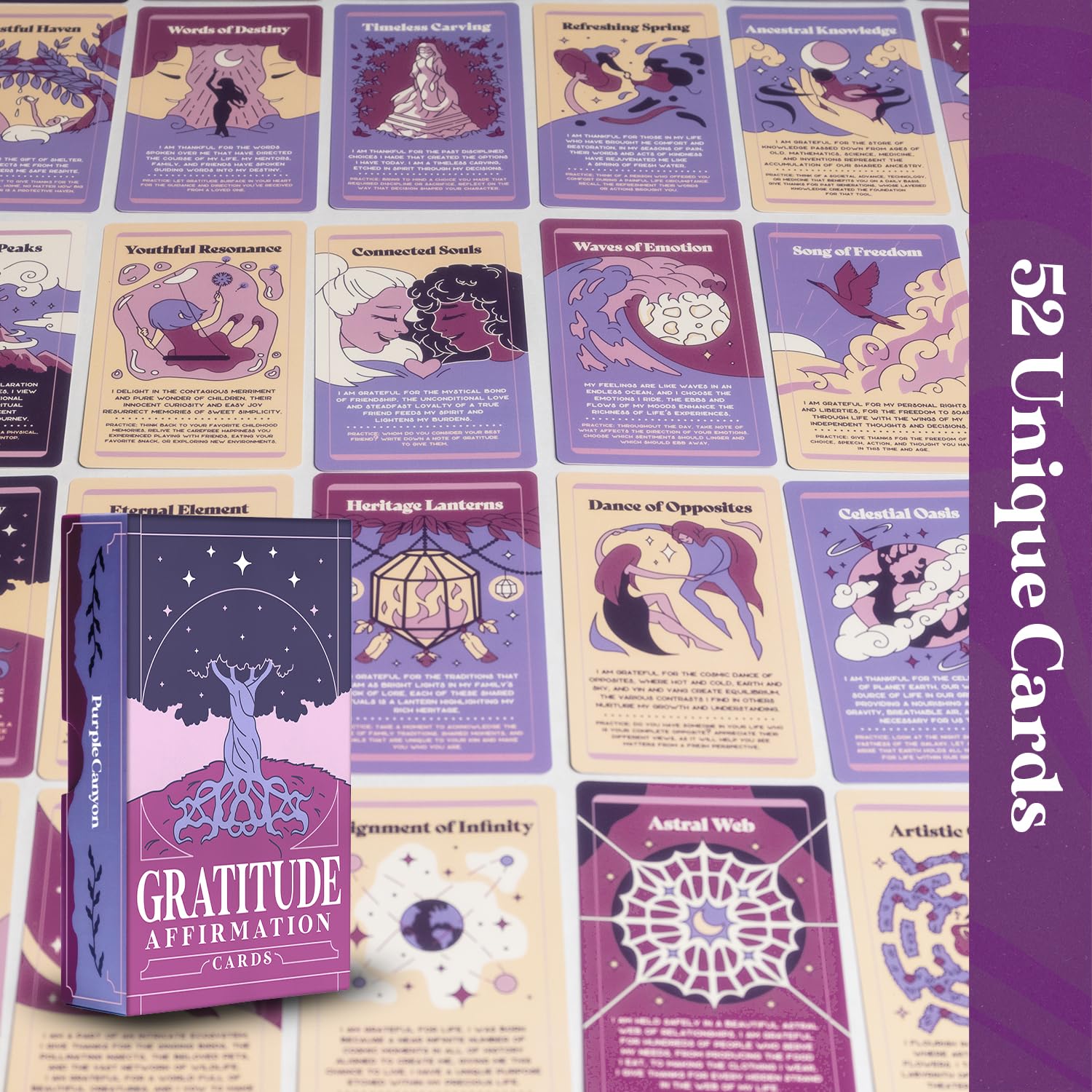 PURPLE CANYON Gratitude Cards for Women and Men | Positive Affirmations Cards for Daily Reflection and Thankfulness | Mindfulness Cards for Self Care | Beautiful 52 Card Deck in Shades of Purple