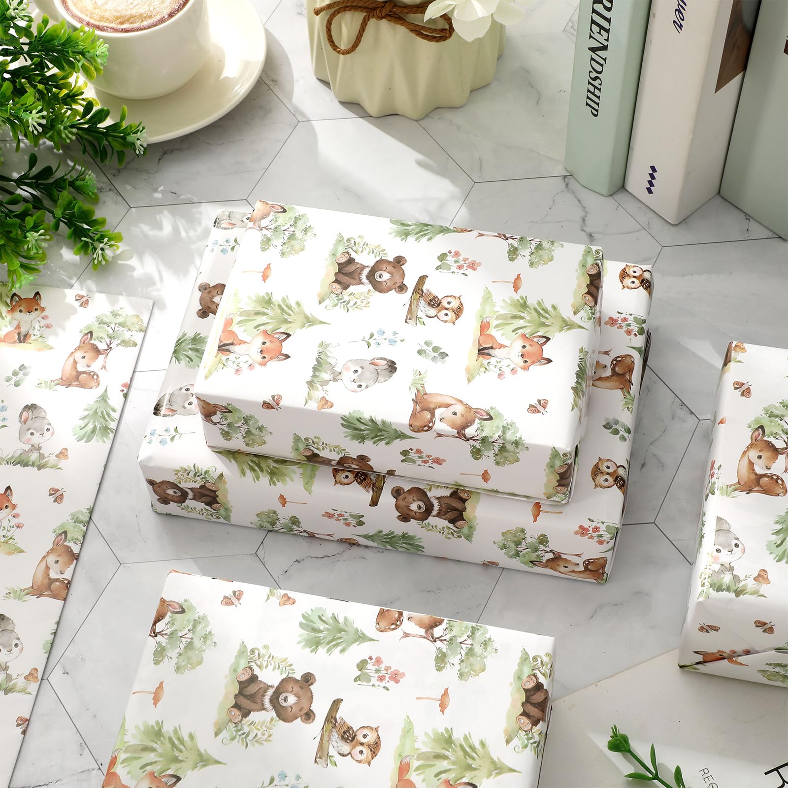 JarThenaAMCS 6 Sheets Woodland Animal Wrapping Paper -Not Roll- Watercolor Forest Jungle Animal Gift Wrap Paper Folded Flat DIY Art Craft Paper for Party Packaging, 39.4 x 27.6 Inch