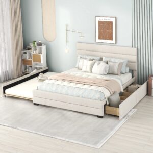 harper & bright designs queen size bed with 2 storage drawers & a twin trundle, upholstered platform frame with tufted headboard, linen fabric, no box spring needed,beige