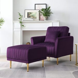 WILLIAMSPACE 31.5" Velvet Single Sofa Chair, Modern Upholstered Armchair with 1 Toss Pillow & Gold Legs, Small Luxury Couch Chair for Living Room, Reading Sofa for Bedroom Apartment, Velvet (Purple)