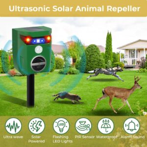 CritterTec Solar Powered Ultrasonic Animal Repellent with Flashing Lights and Adjustable Alarm Waterproof Motion Activated Cat Dog Deer Repellent for Yard Garden Farm Lawn 2 Pack