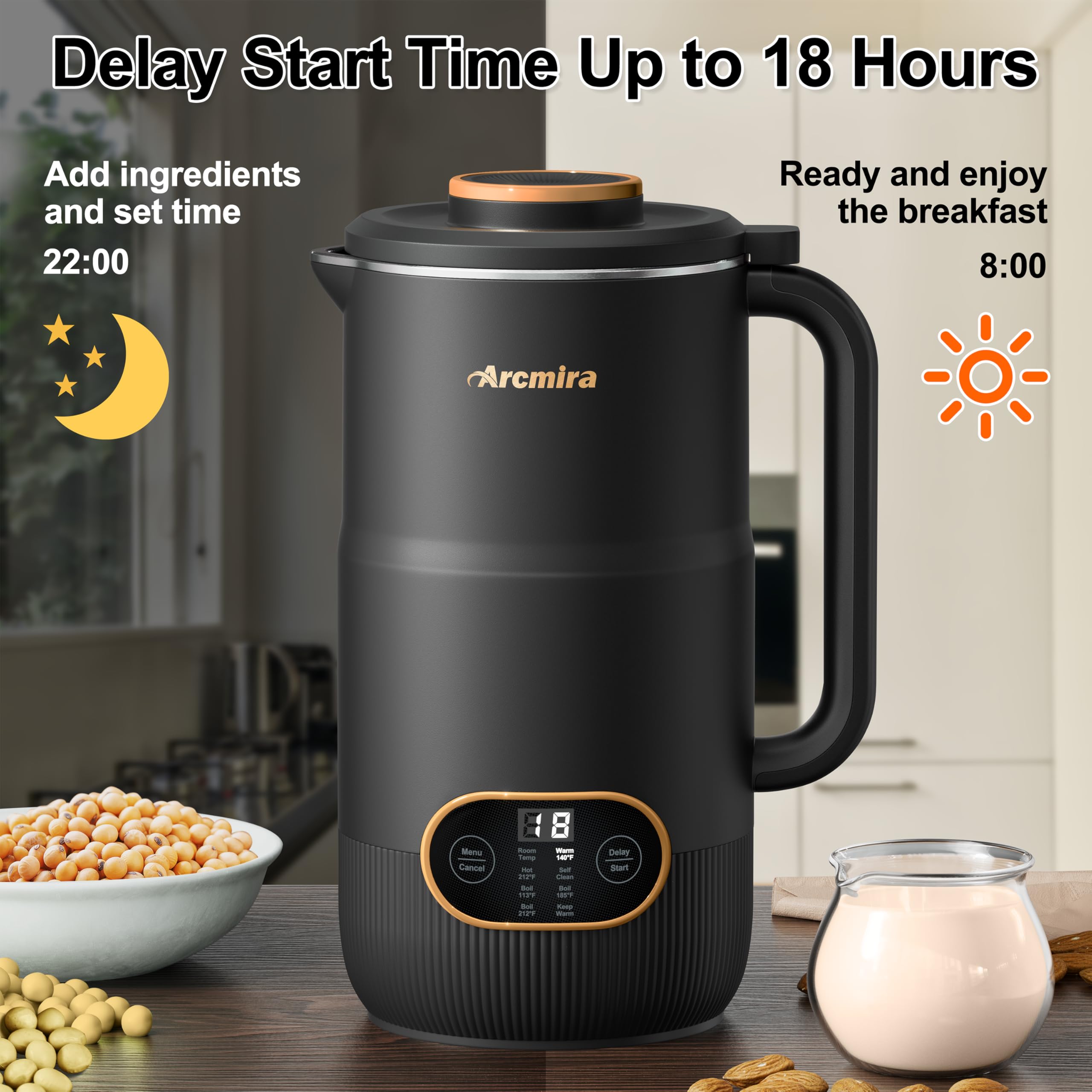 Arcmira Automatic Nut Milk Maker, 35oz(1000ml) Homemade Almond, Oat, Coconut, Soy, Plant Based Milks and Non Dairy Beverages, Soy Milk Maker Machine with Delay Start/Keep Warm/Self-Cleaning/Boil Water