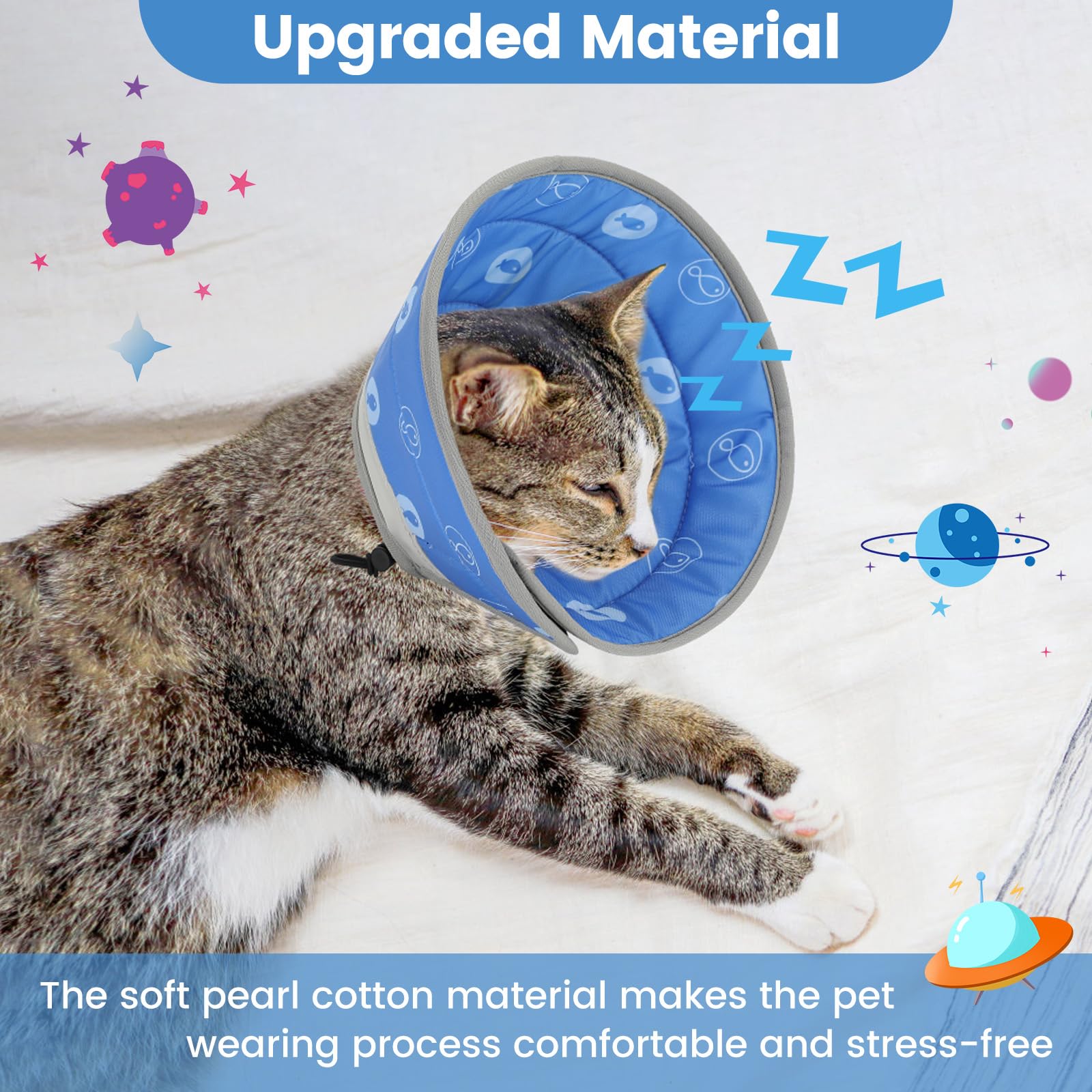 IDOGCHEW Cat Cone Collar Soft, Cat Cones to Stop Licking, Adjustable Cat Cone Water Resistant, Foldable, Adjustable, Lightweight (Blue Fish, Small)