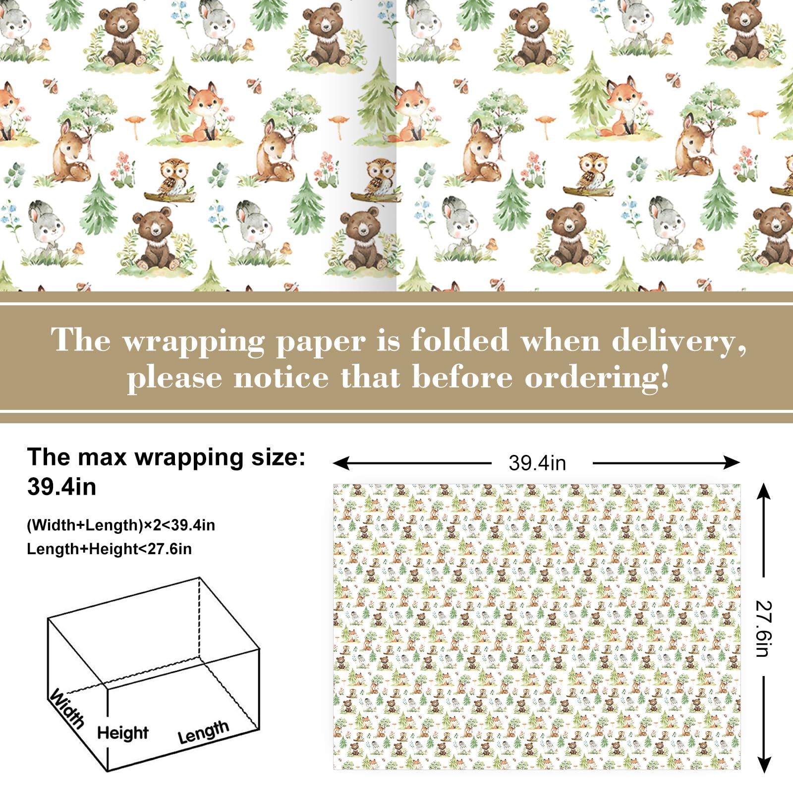 JarThenaAMCS 6 Sheets Woodland Animal Wrapping Paper -Not Roll- Watercolor Forest Jungle Animal Gift Wrap Paper Folded Flat DIY Art Craft Paper for Party Packaging, 39.4 x 27.6 Inch