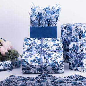 100 Sheets Blue White Floral Tissue Paper, Chinoiserie Style Gift Wrapping Paper Peony Printed DIY Art Craft Paper for Wedding Birthday Bridal Shower Party Favors, 20 x 14 Inch