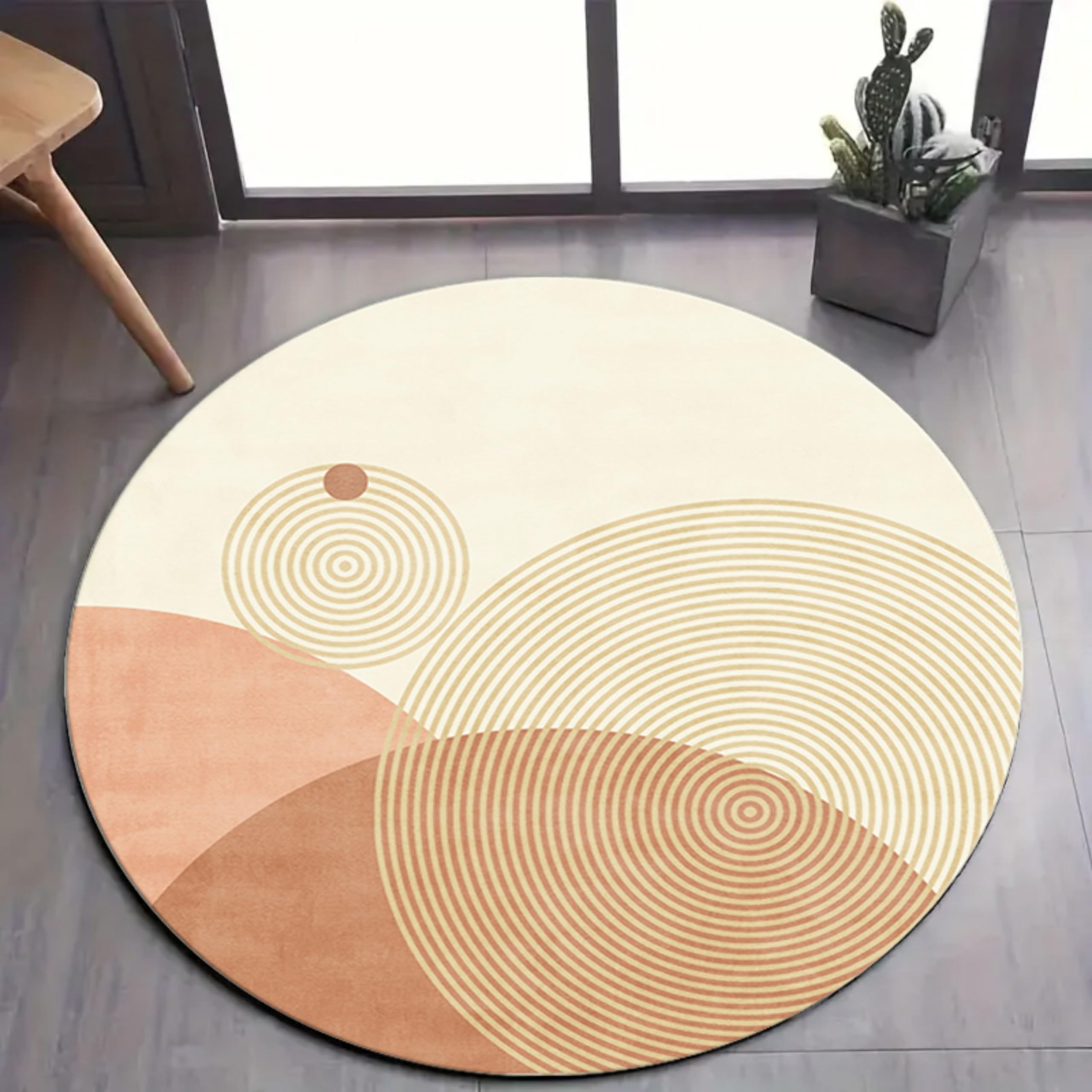 SMXVRC Boho Art Round Rug, 7ft, Abstract Geometric Mid Century Sun Circle Rug, Modern Faux Wool Circular Rug, Soft Non-Slip Washable Thin Throw Mat for Bedroom Sofa Dining Entryway Decor