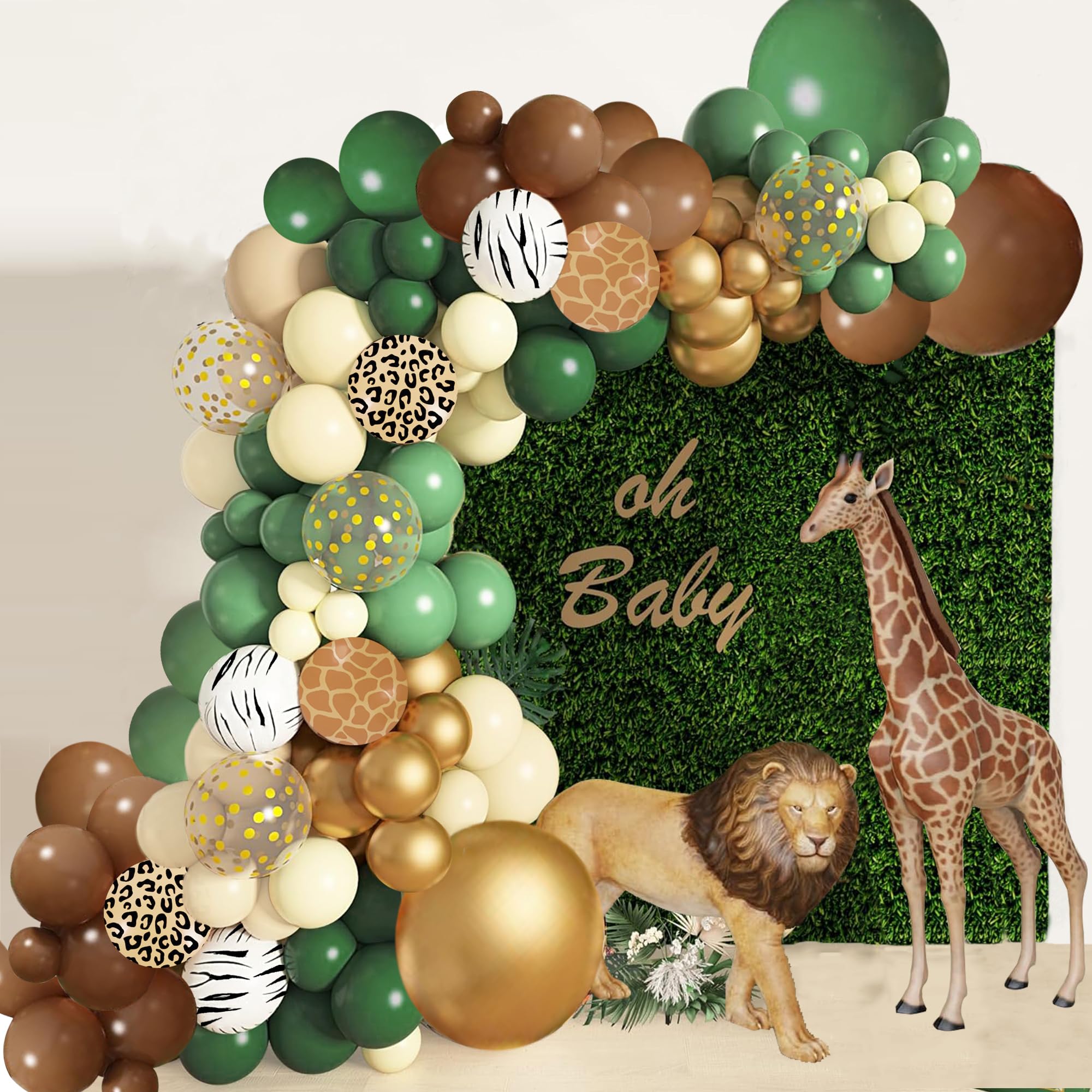 179 PCS Safari Jungle Balloon Garland Arch Kit Sage Green and Brown Balloons with Animal Print Balloons for Wild One Woodland Birthday Party Supplies Safari Baby Shower Decorations (Safari Jungle)