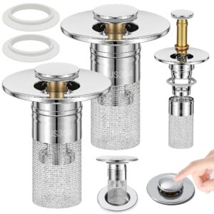 2 pack pop up bathroom sink stopper, universal bathroom sink drain strainer with removable anti-clogging filter basket, bathroom drain stopper for 1.1"-1.3" basin drain holes