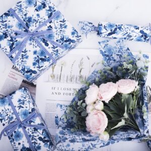 100 Sheets Blue White Floral Tissue Paper, Chinoiserie Style Gift Wrapping Paper Peony Printed DIY Art Craft Paper for Wedding Birthday Bridal Shower Party Favors, 20 x 14 Inch